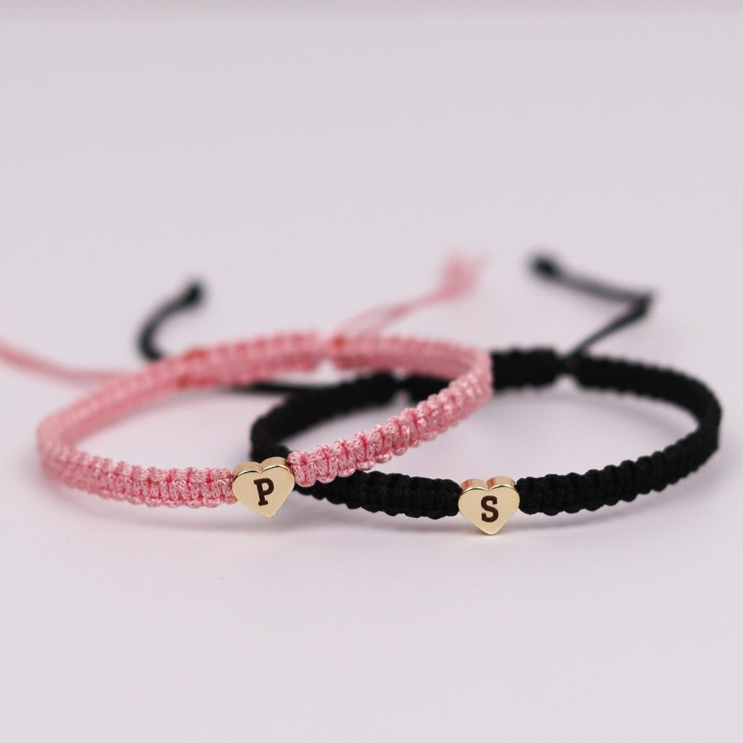 Set of 2 Custom Engraved Heart Initial Bracelets for Couples and ...