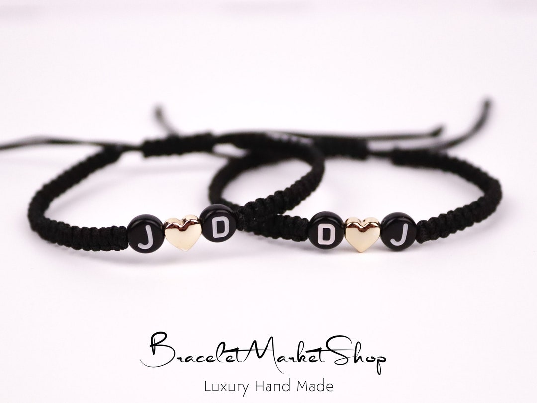 Set of 2 Personalized Couples Gifts | Initials Bracelets Heart Bead ...