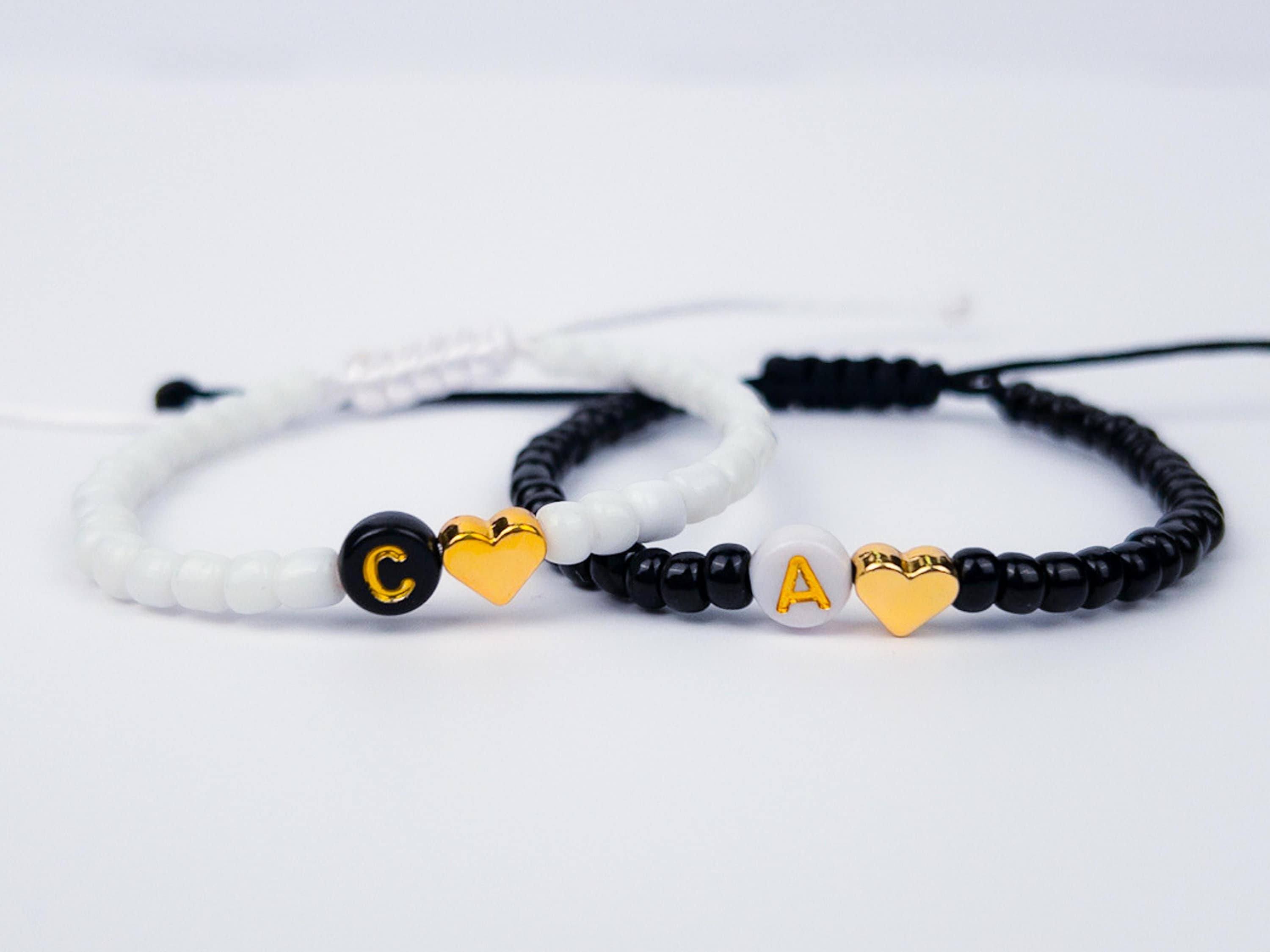 Set of 2 Personalized Beaded Initial Bracelets With Heart for - Etsy