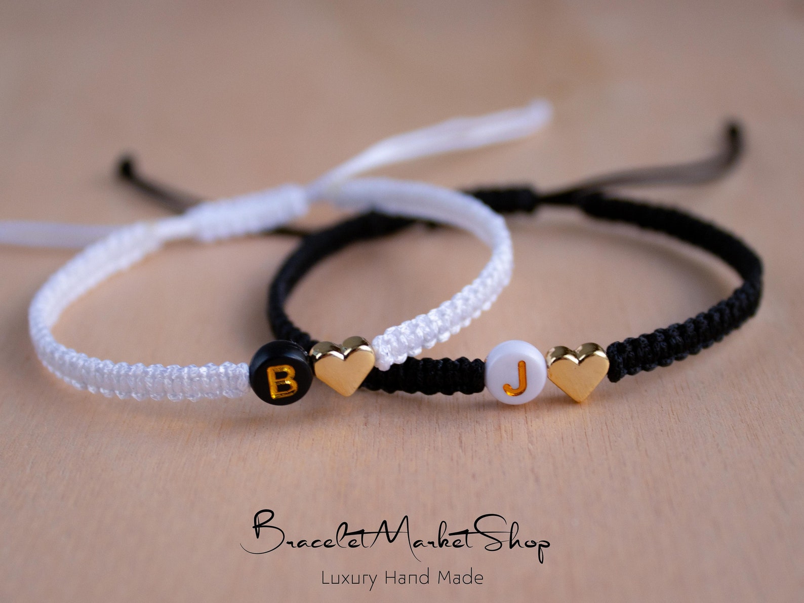 Set of 2 Personalised Initial Bracelets Set With Gold Heart Beaded ...
