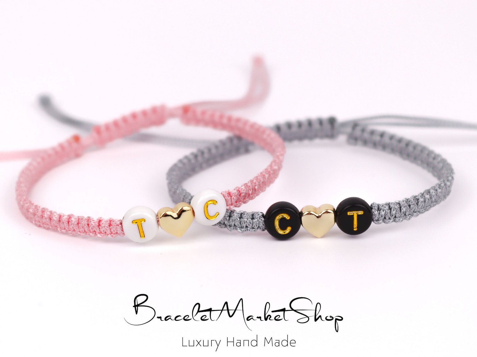 Set of 2 Custom Couple Initial Bracelets With Gold Heart Personalized ...