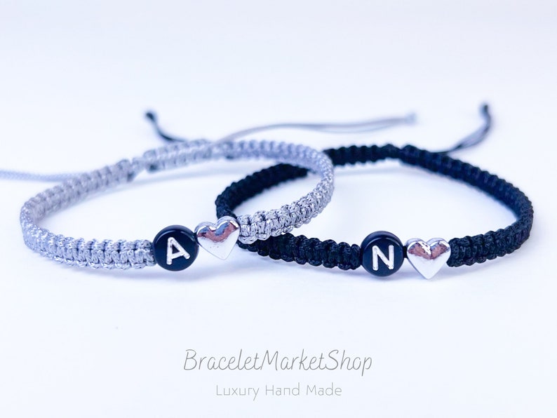 Set of 2 Custom Couple Bracelets With Silver Heart | Personalized ...