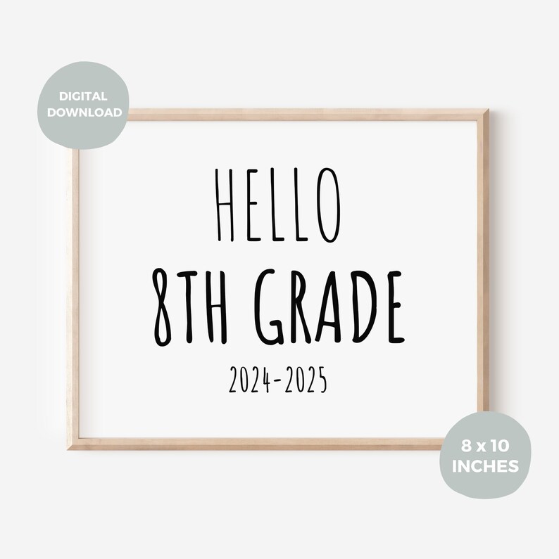 Hello 8th Grade Printable Sign, 8x10 Inch, A4, 1st Day of Eighth Grade ...