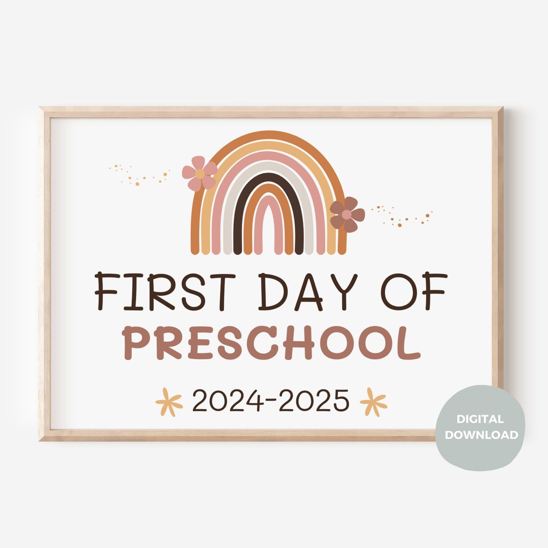 First Day of Preschool Printable Sign, Boho Daycare Sign With Rainbow ...