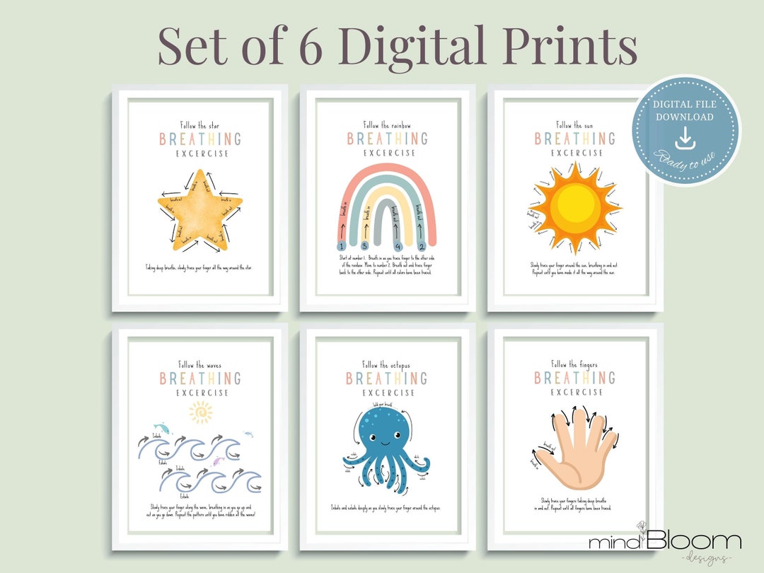 Set of 6 Mindfulness Breathing for Kids, Breathing Exercise, Grounding ...