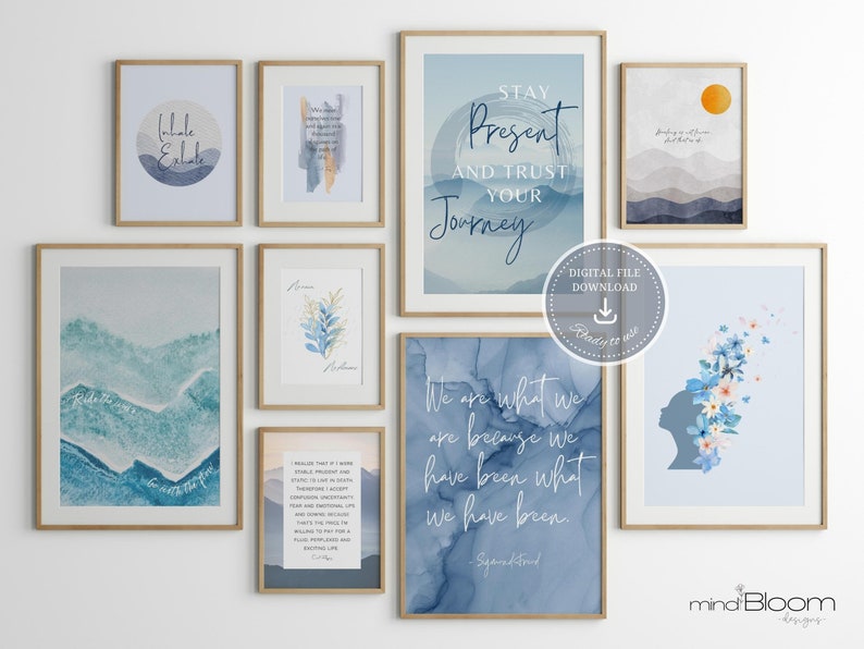 Calm Therapist Decor, Set of 12, Blue Therapy Art Poster Bundle, Mental ...