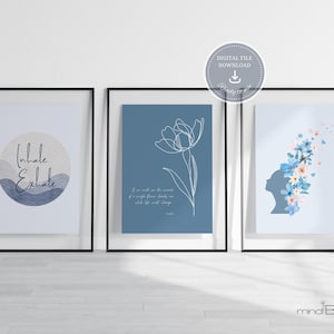 Calm Therapist Decor, Set of 12, Blue Therapy Art Poster Bundle, Mental ...