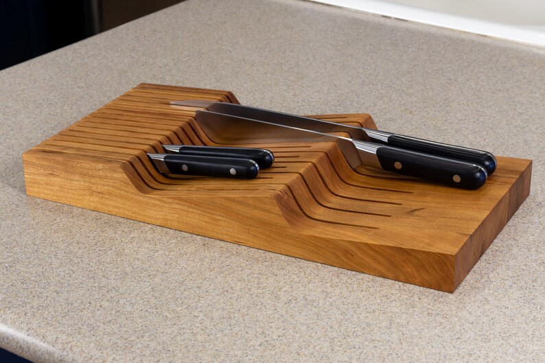 In Drawer Knife Block Cherry White Oak And Walnut Space Saving Knife