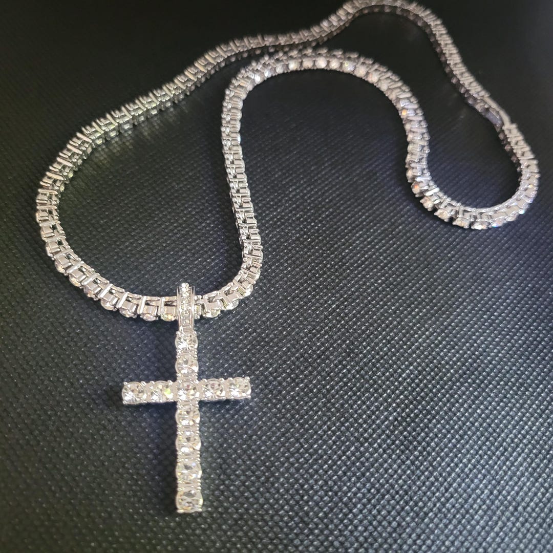 20 14K 5mm White Gold Plated Diamond Tennis Chain With Cross Pendant Etsy
