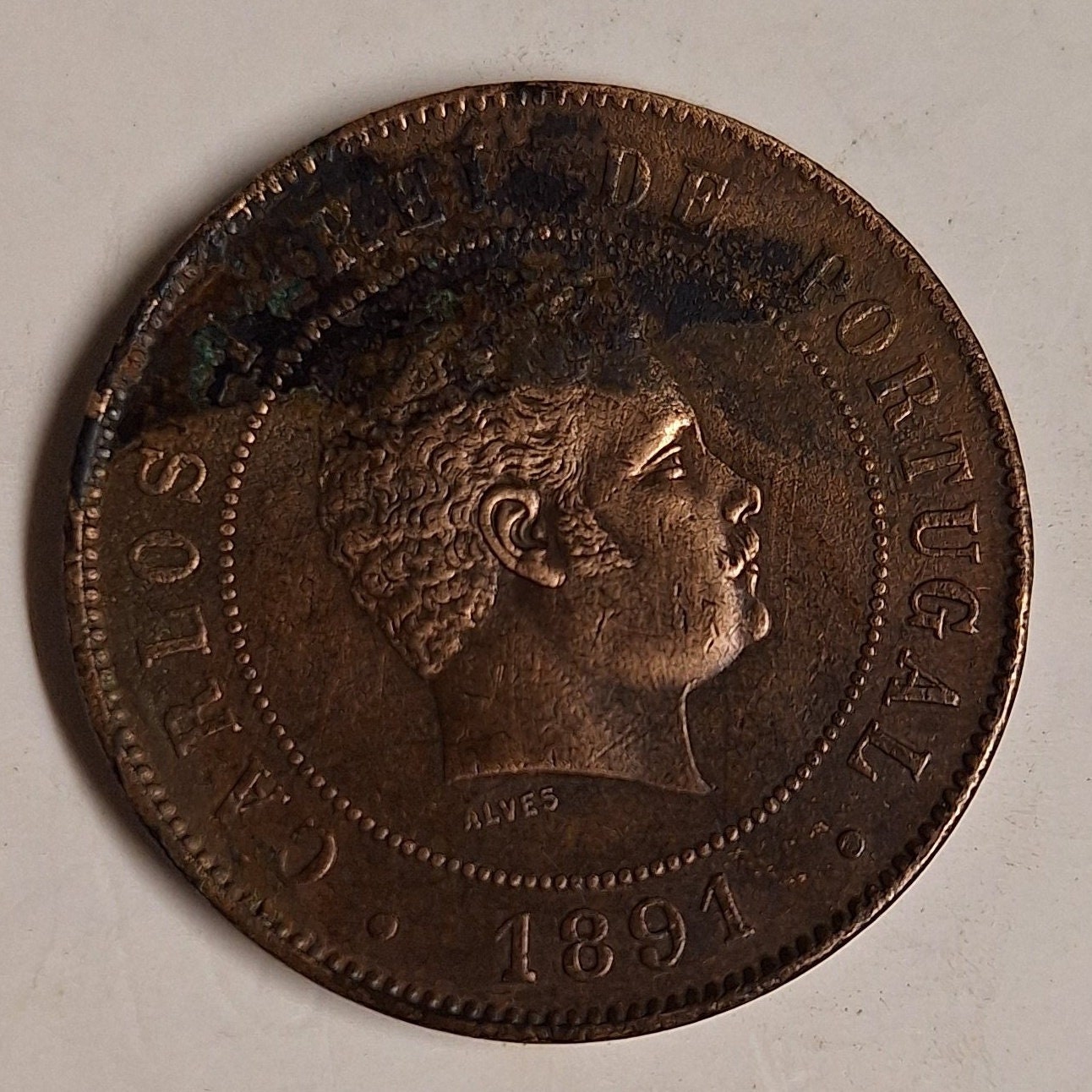1891 Portuguese 20 Reis Coin in Good Condition. This is a Half Dollar ...