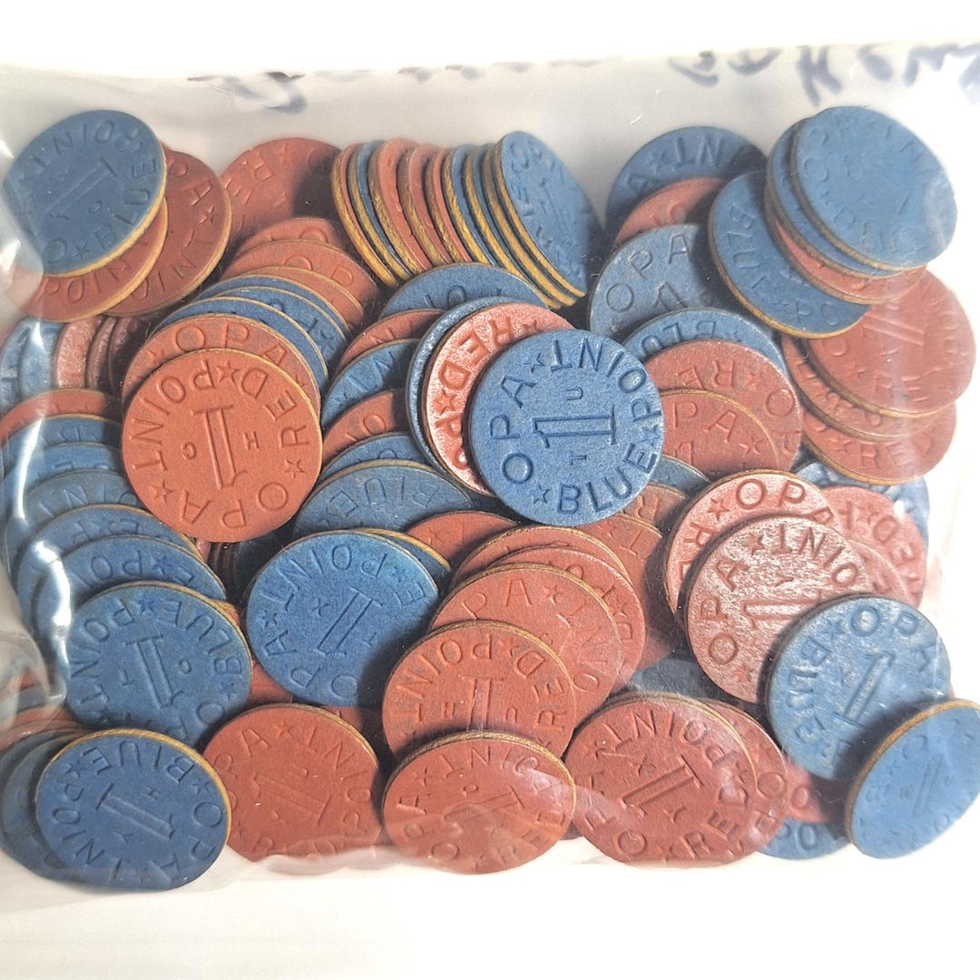 175 World WWII 2 Red and Blue OPA Rationing Tokens, 2 Full Collections ...