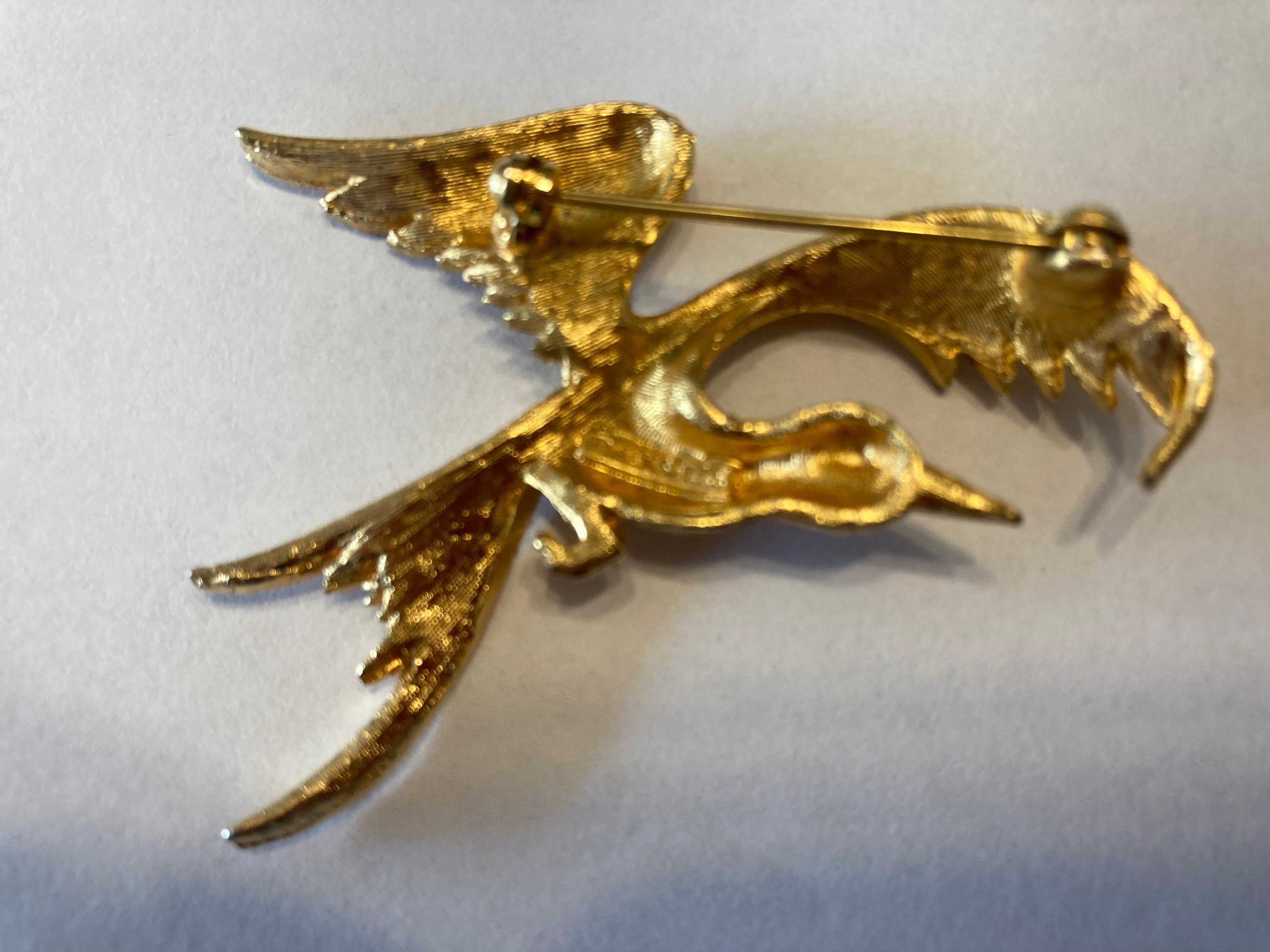 Mamselle Signed Flying Crane Brooch With Red Rhinestone Eye - Etsy