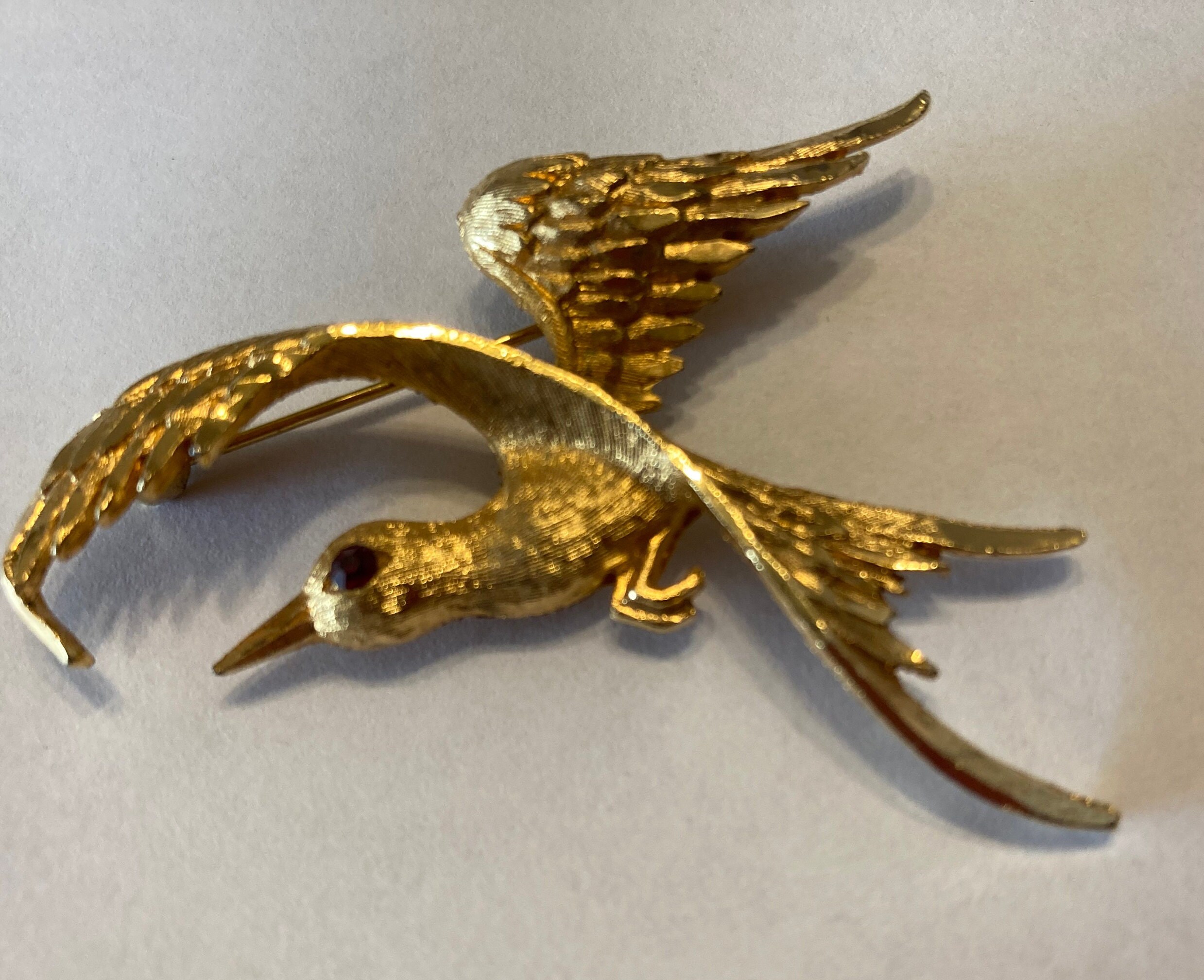 Mamselle Signed Flying Crane Brooch With Red Rhinestone Eye VTG - Etsy