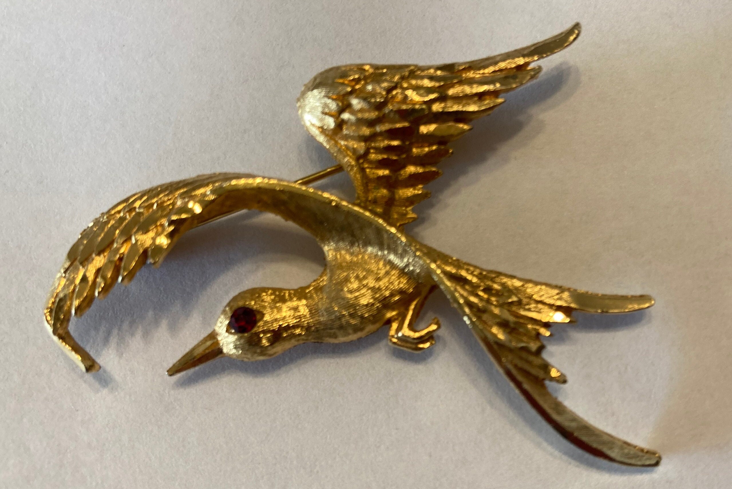 Mamselle Signed Flying Crane Brooch With Red Rhinestone Eye - Etsy