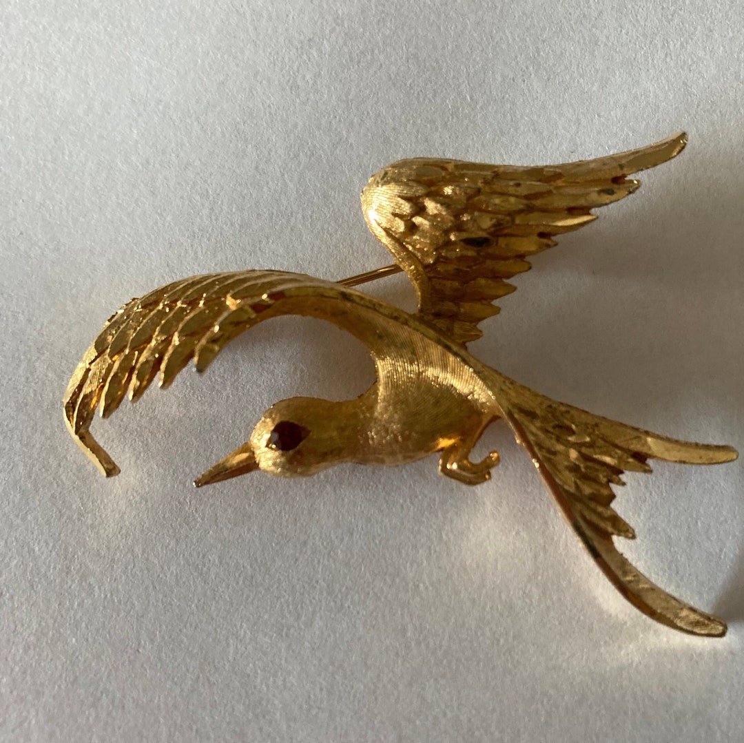 Mamselle Signed Flying Crane Brooch With Red Rhinestone Eye VTG - Etsy