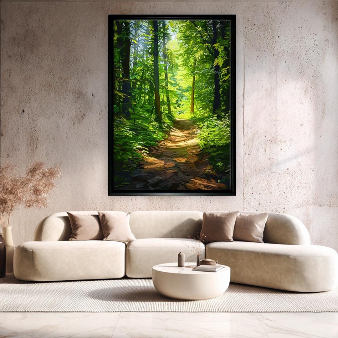 Forest Path Canvas Wall Art – Vertical Green Woodland Painting for ...