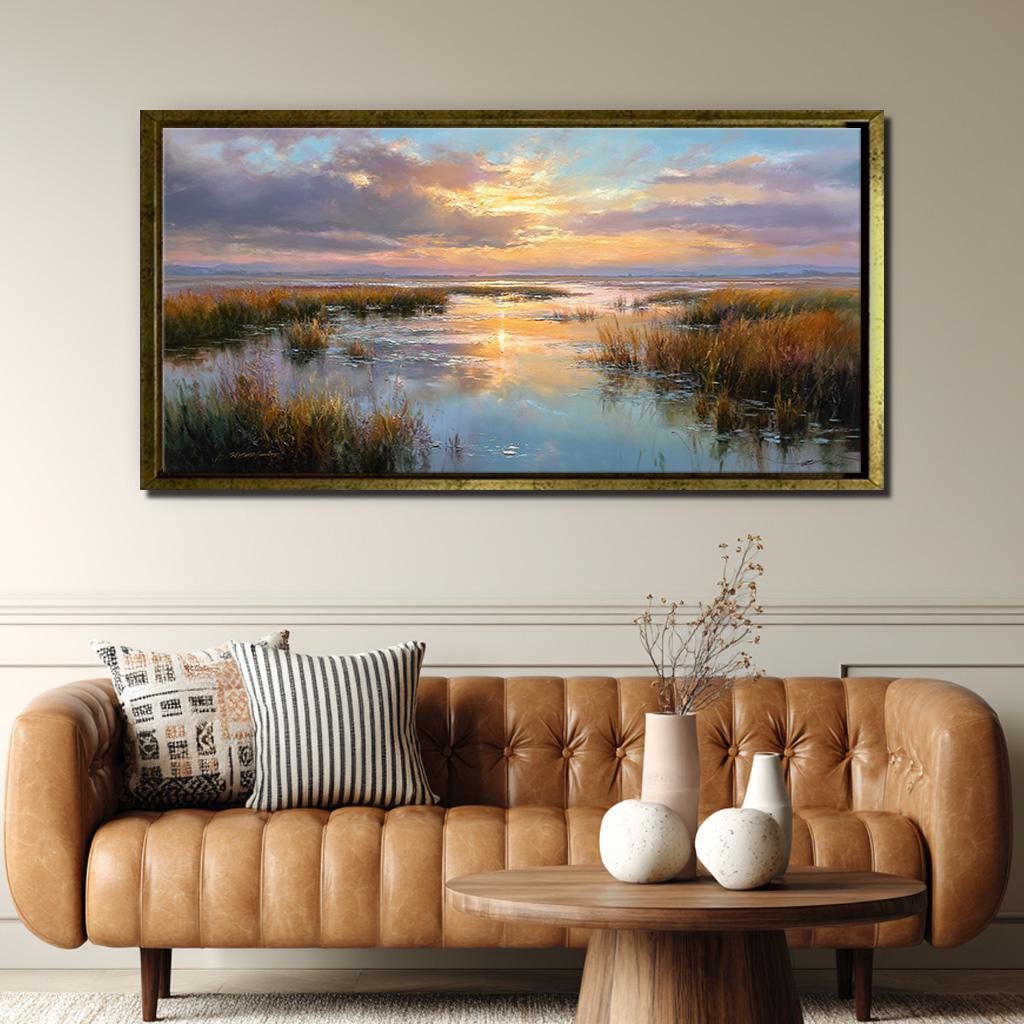 Sunset Marshland Canvas Wall Art, Large Framed Landscape Print ...
