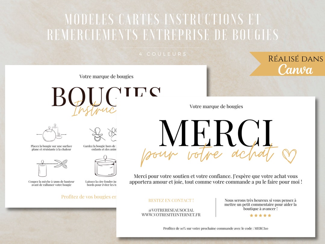 Modèle de carte de remerciement entreprise de bougies | Carte instruction d'utilisation bougies ...
