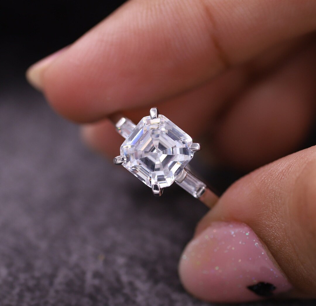 2.5 CT Asscher Cut Three Stone Ring, Tapper Baguette Side Stone ...