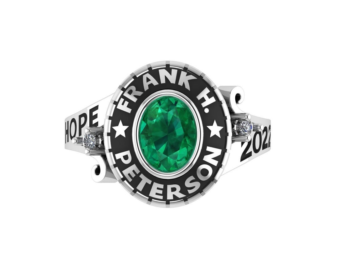 University Class Ring in Silver 925, Simulated Emerald Ring, Ladies ...