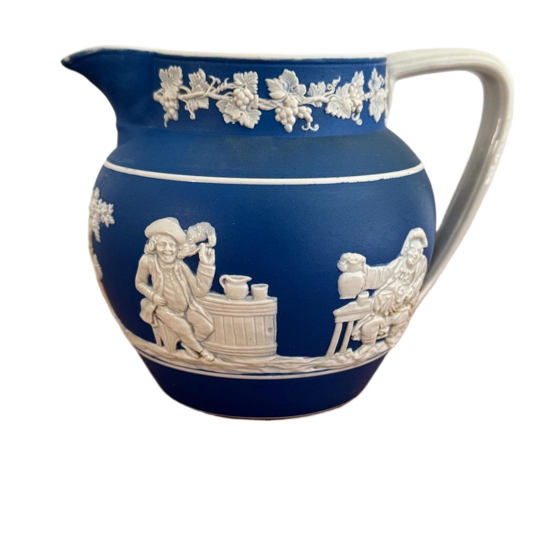 Copeland Spode Pitcher With Jasperware-like White Pprigging on a Blue ...