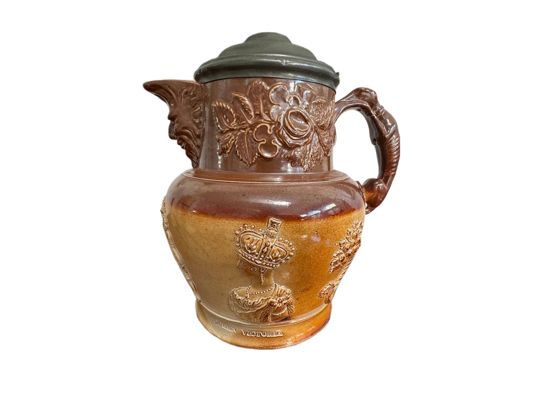 Rare Antique Queen Victoria and Prince Albert Stoneware Pitcher Brown ...