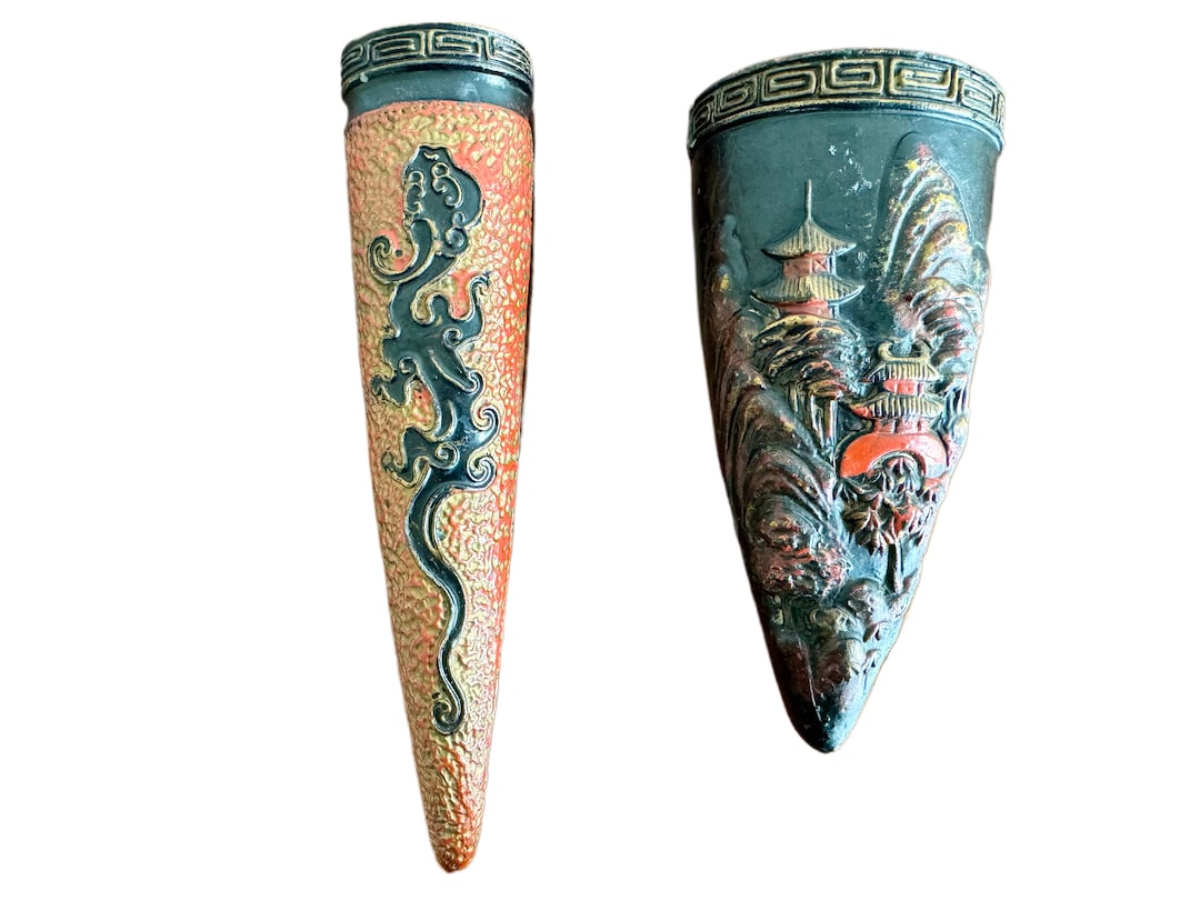 Two Vintage Japanese Ceramic Wall Pockets With Dragon and Landscape ...