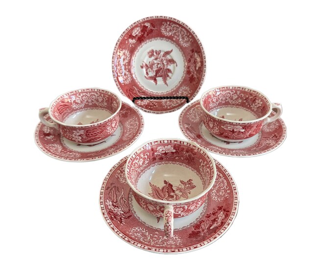 Three Spode Pink Camilla Red Flat Cups and Saucers - Etsy
