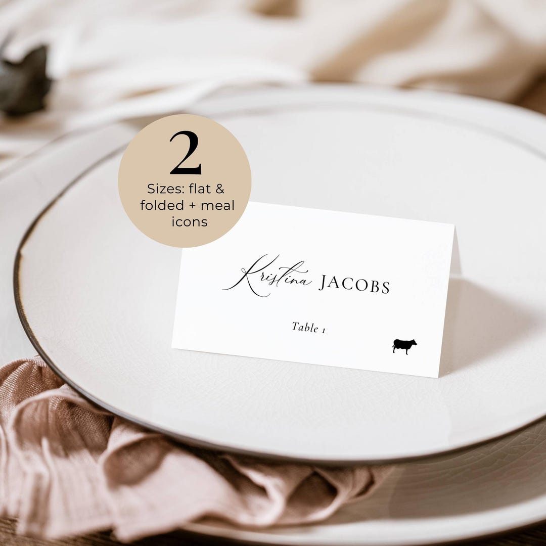 Wedding Place Cards With Meal Indicator, Modern Table Name Card ...