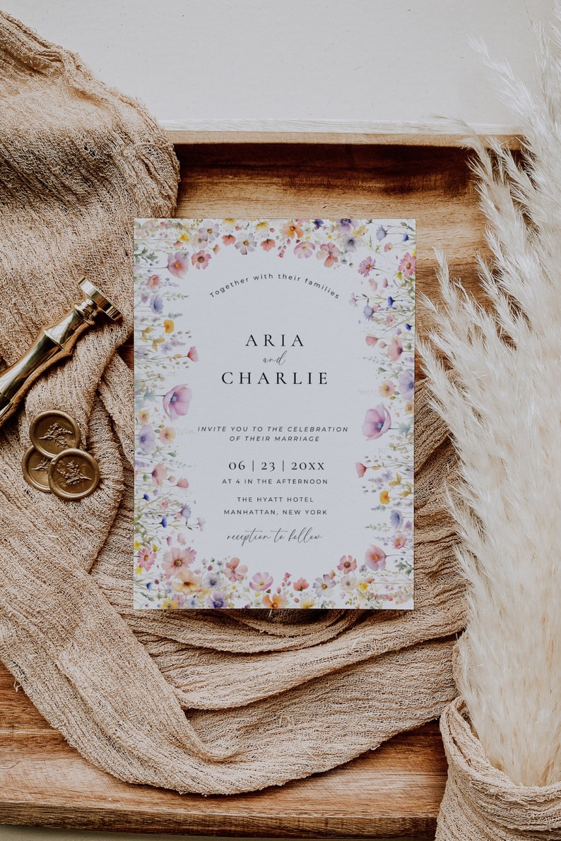 Wildflower Border Wedding Invitation Canva Minimal Floral - Etsy