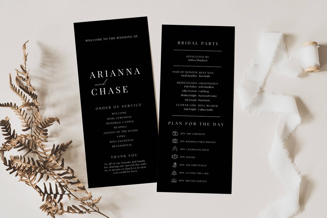 Minimal Wedding Programs Template Black, Black and White Program Printable, Order of Service 2 ...