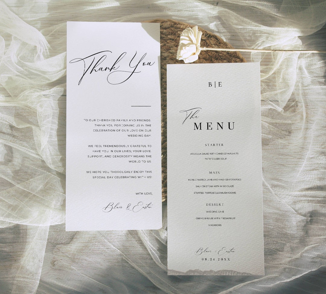 Wedding Menu With Thank You Note, Thank You and Dinner Menu Place ...