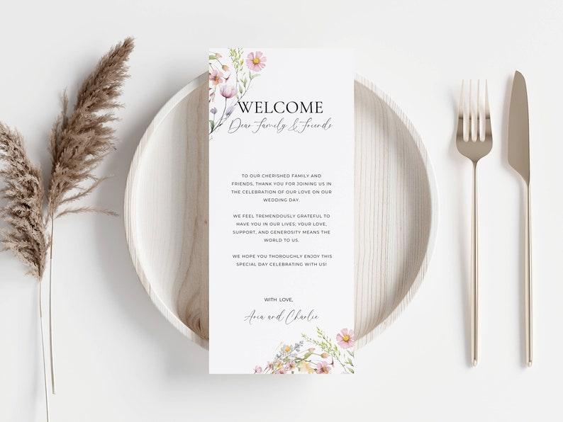 Wildflower Welcome and Thank You Note, Wedding Place Setting Thank You ...