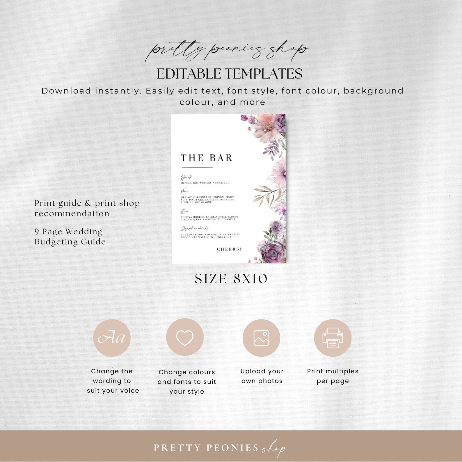 Lilac Floral Bar Menu Sign, Lavender Wedding Bar Menu Template ...