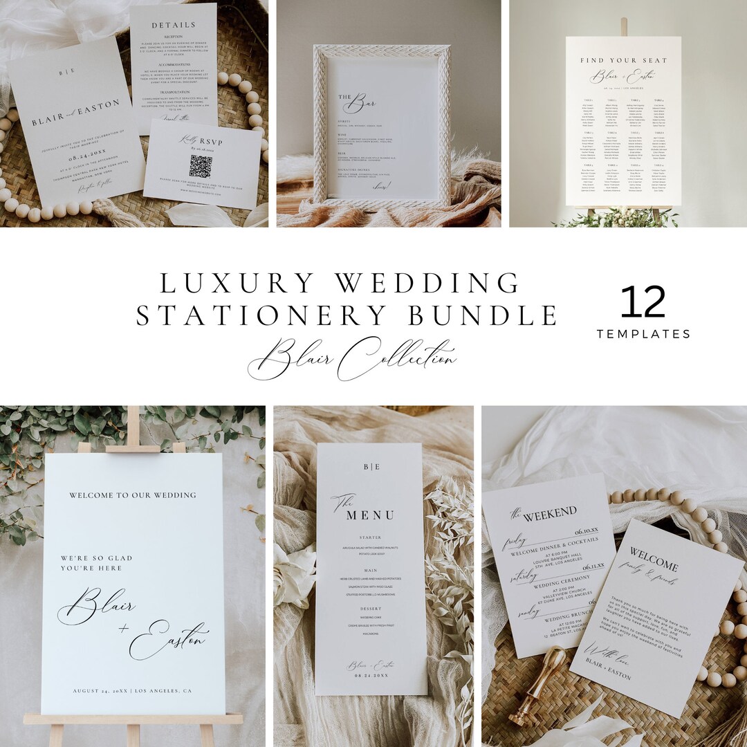 Minimalist Wedding Reception Bundle Template, Elegant Script Stationery Bundle, Monogram ...