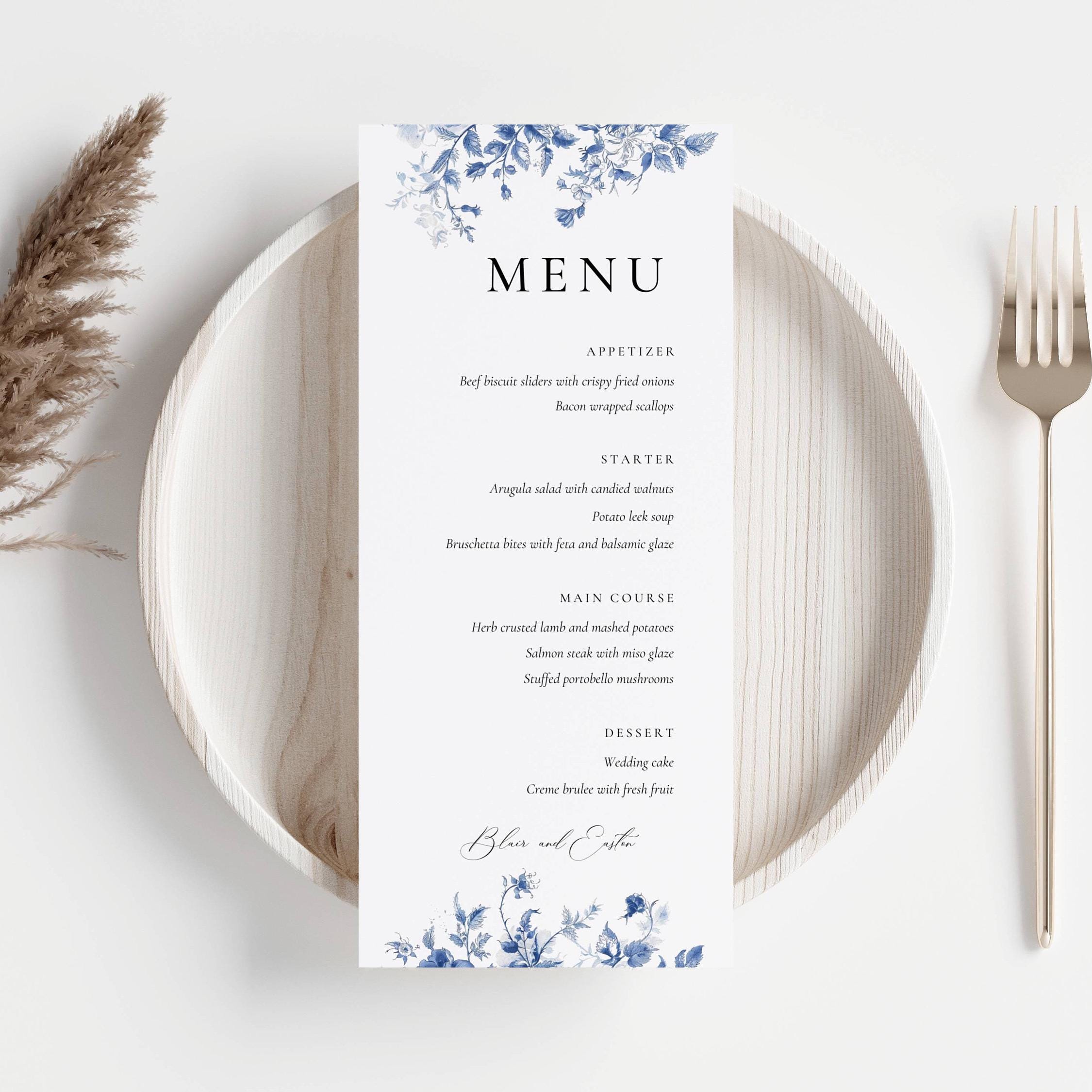 Blue Toile Wedding Menu, Dusty Blue Dinner Menu Card, Editable Table ...
