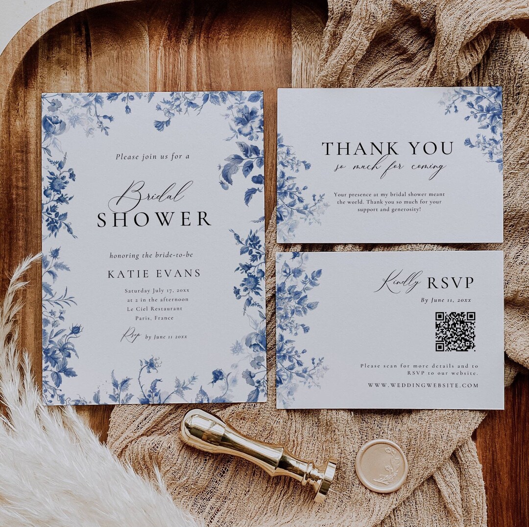 Blue Toile Bridal Shower Invitation, Dusty Blue Wedding Shower Suite ...