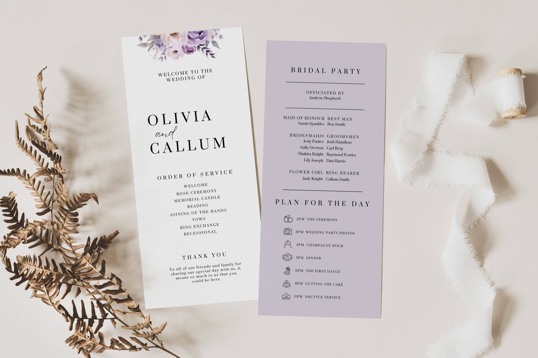 Lavender Wedding Program Template, Lilac Order of Service Cards, Floral Ceremony Program Digital ...