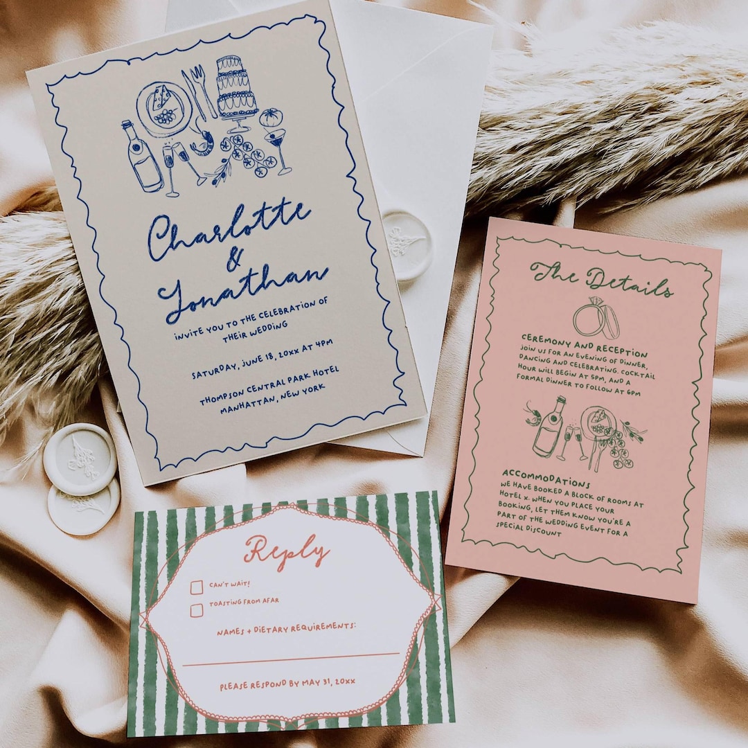 Colorful Hand Drawn Wedding Invitation Set, Retro Illustrated ...