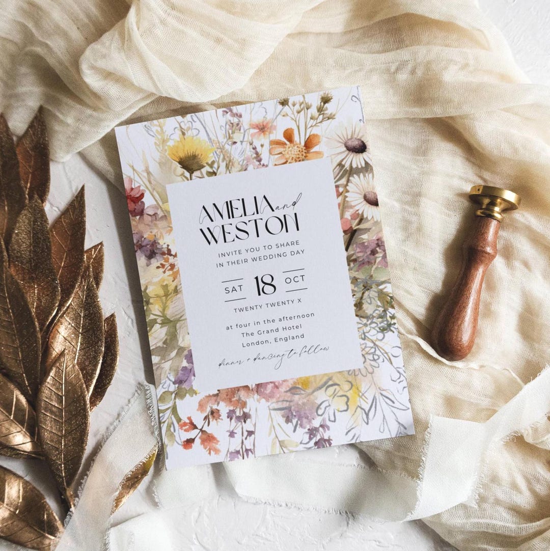 Wildflower Border Wedding Invitation Template, Boho Floral Invite ...
