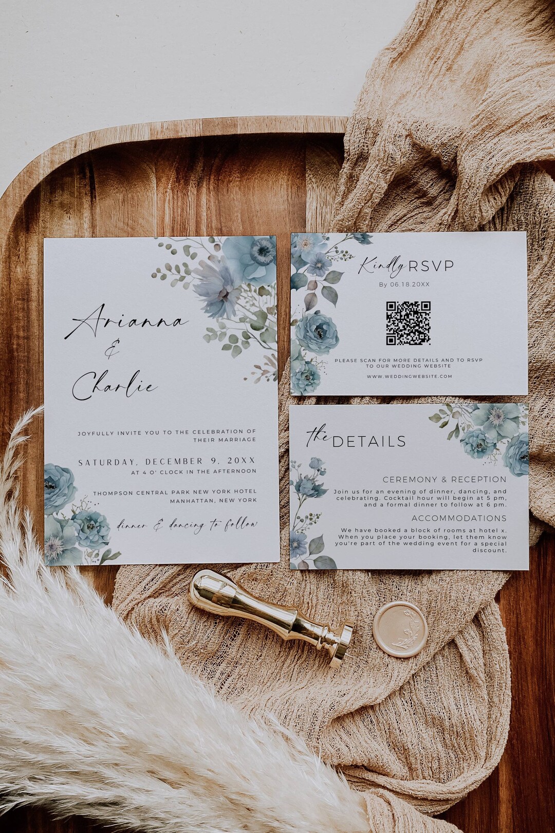 Dusty Blue Floral Wedding Invitation Suite Template, Winter Wedding ...