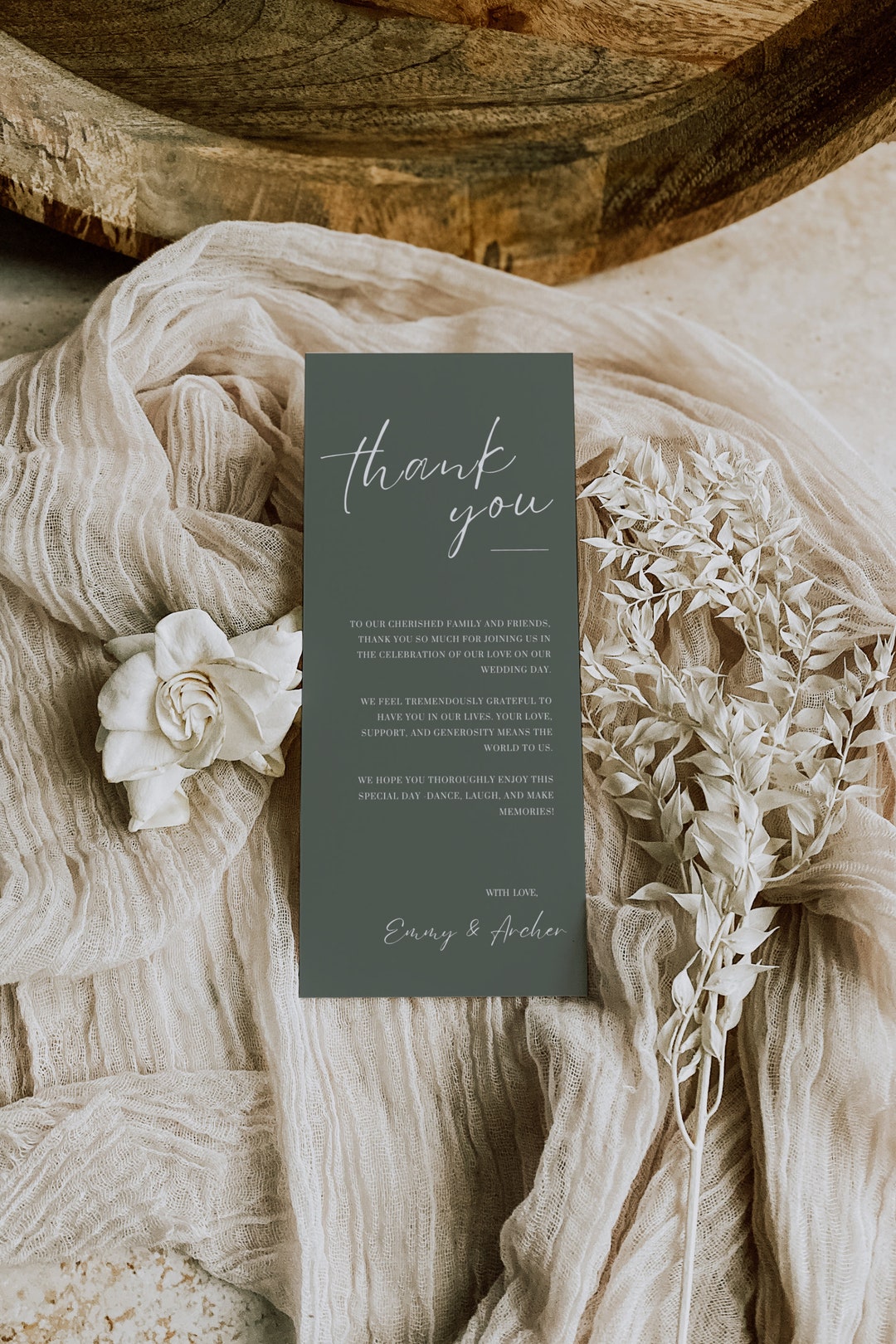 Sage Wedding Thank You Menu, Dark Green Table Thank You Note, Welcome ...