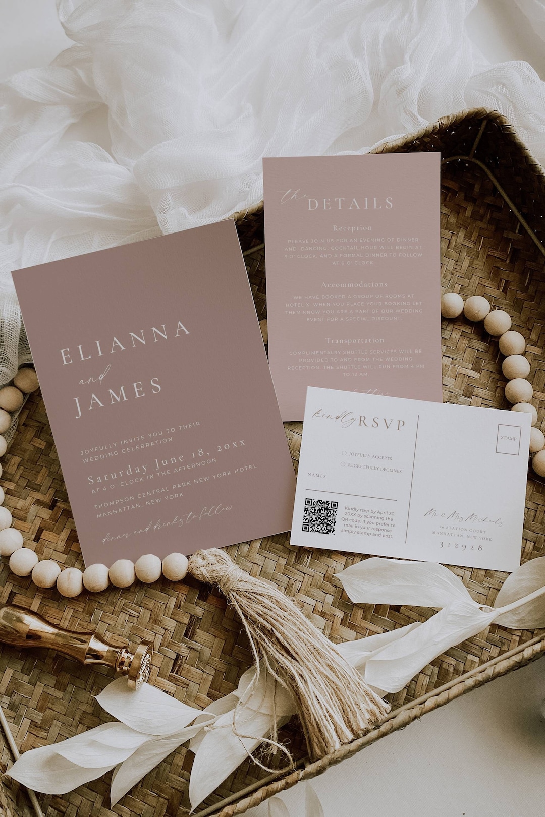 Blush Pink Wedding Invitation Suite, Dusty Rose Invitations With Qr ...