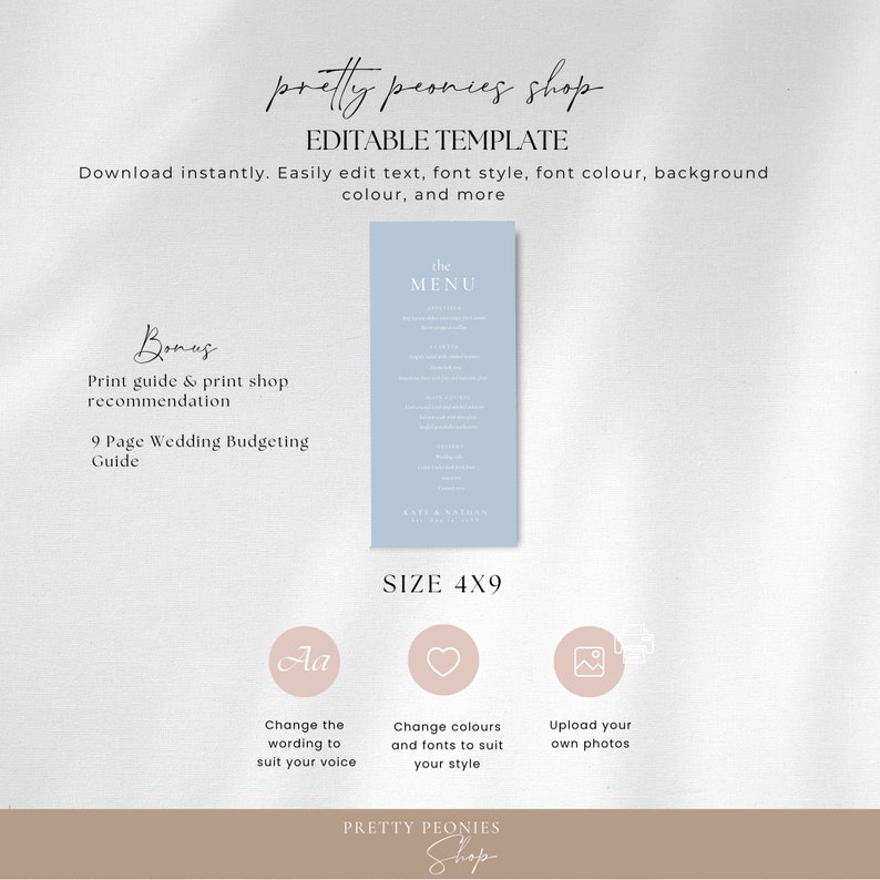 French Blue Wedding Menu Template, Dusty Blue Table Menu Card, Simple ...
