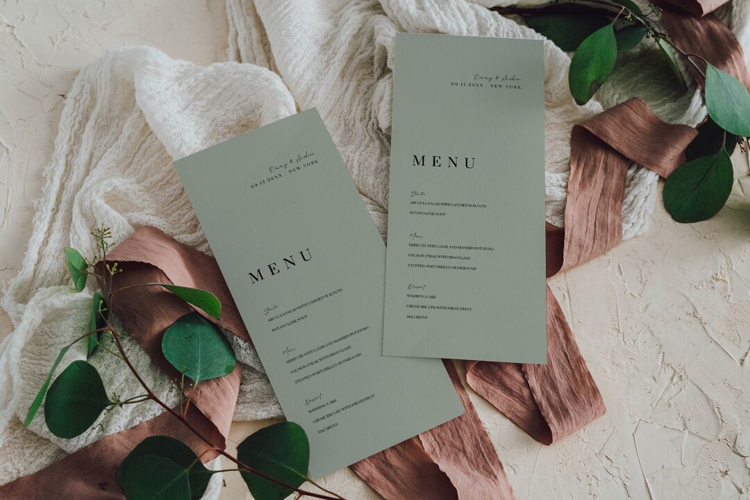 Printable Sage Wedding Menu, Minimalist Reception Dinner Menu Editable ...