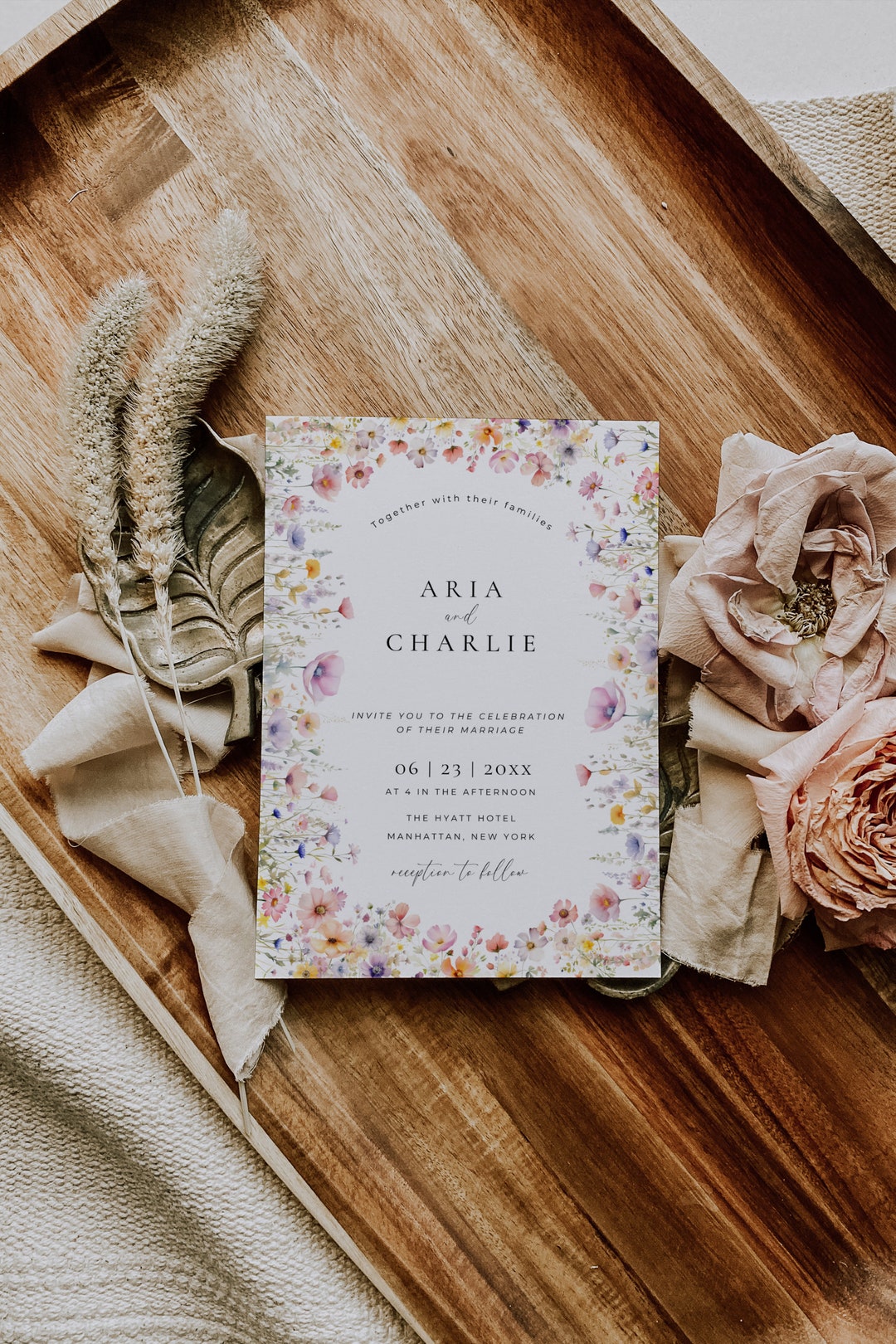 Wildflower Border Wedding Invitation Canva Minimal Floral - Etsy