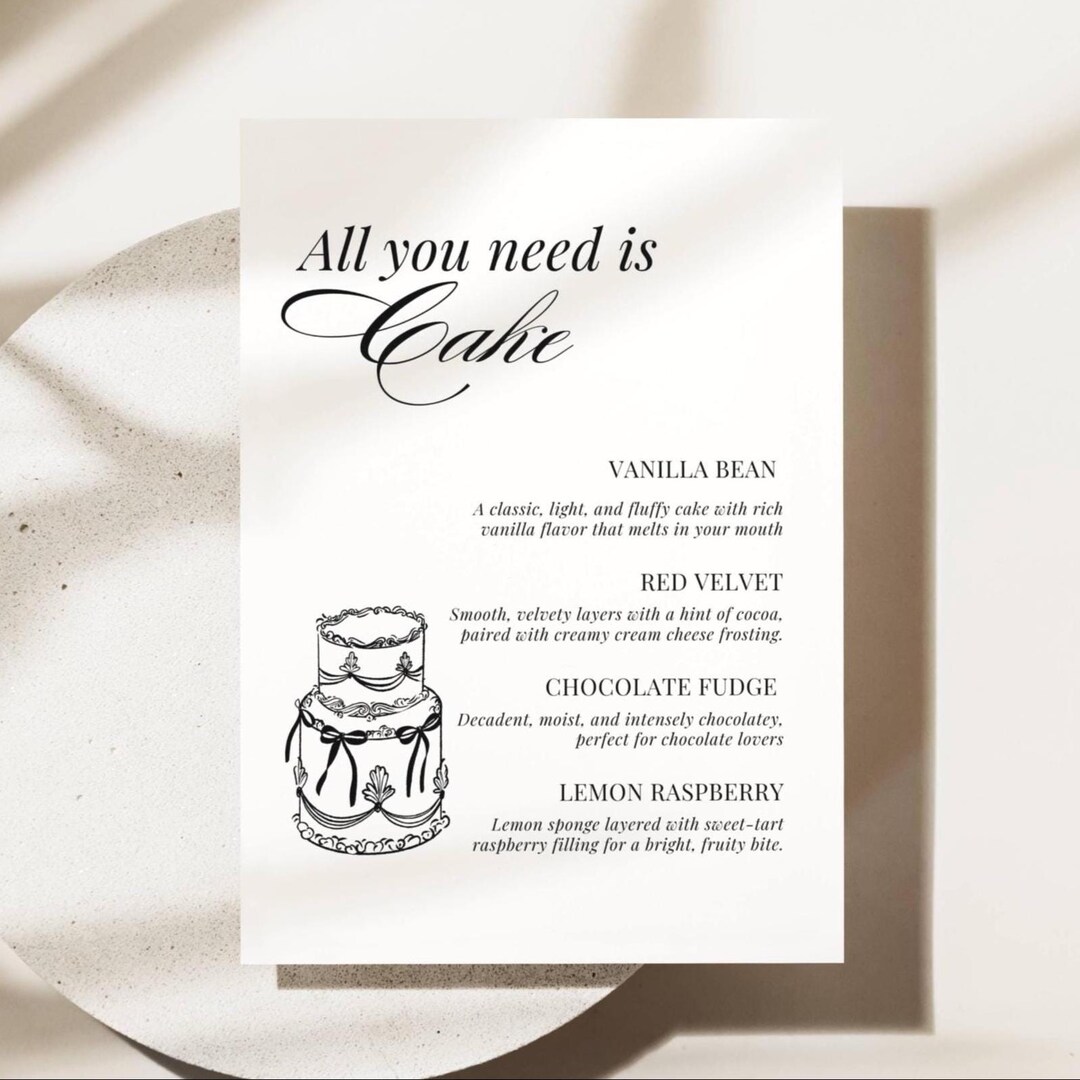 Wedding Menu Template Cake, Editable Dessert Menu Sign, Hand Drawn Cake ...