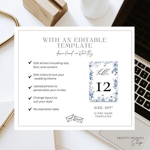 Blue Toile Table Number Template, French Blue Wedding Table Numbers ...