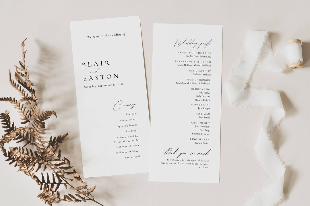 Wedding Program Menu, Modern Wedding Ceremony Program, Elegant Order of ...