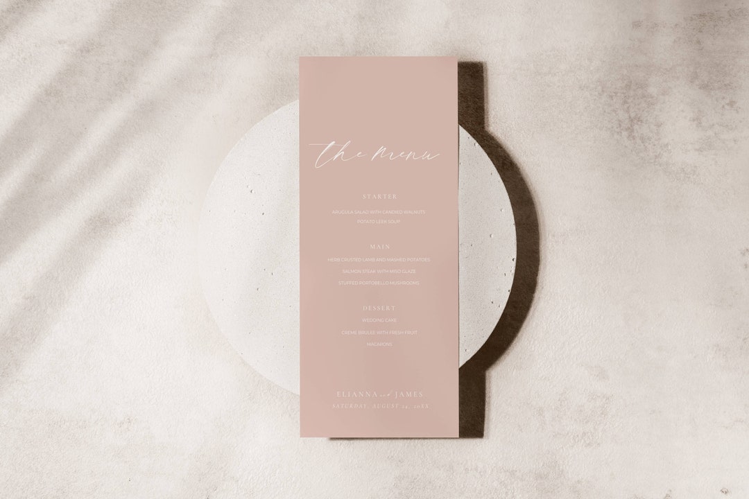 Light Pink Dinner Menu Wedding, Blush Pink Table Menu Card, Printable ...